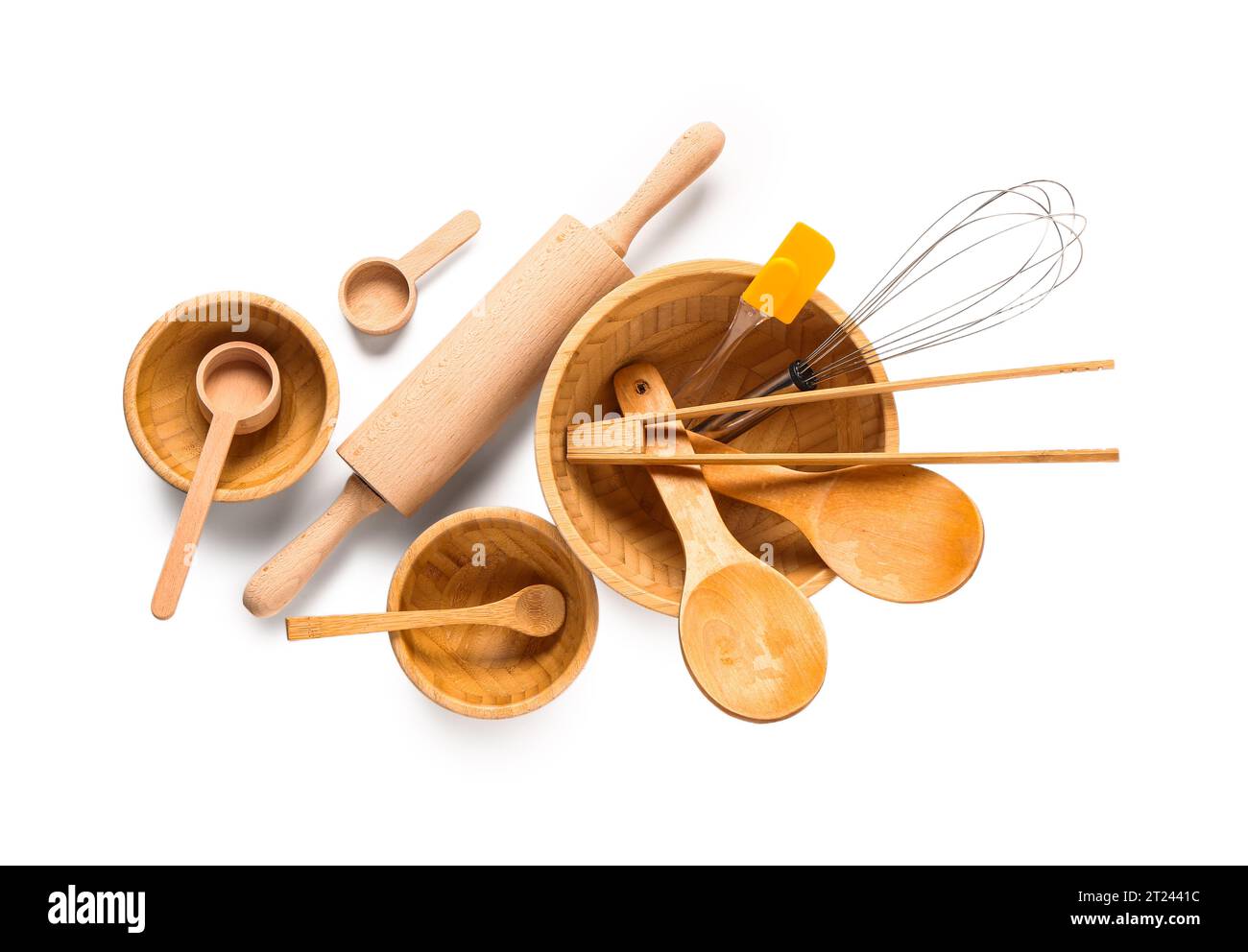 Wooden baking utensils isolated on white background Stock Photo - Alamy