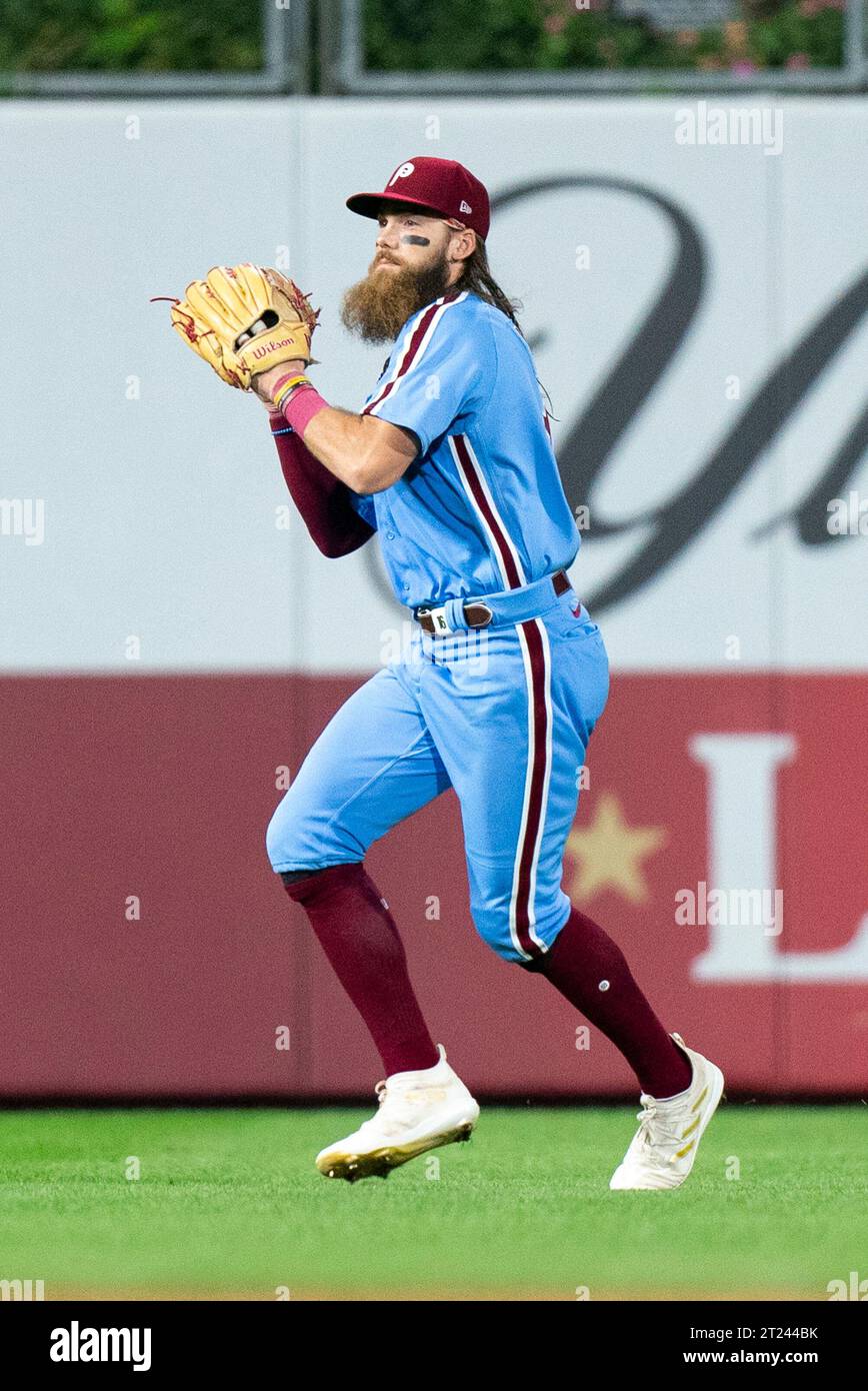 Philadelphia Phillies left fielder Brandon Marsh in action during Game ...