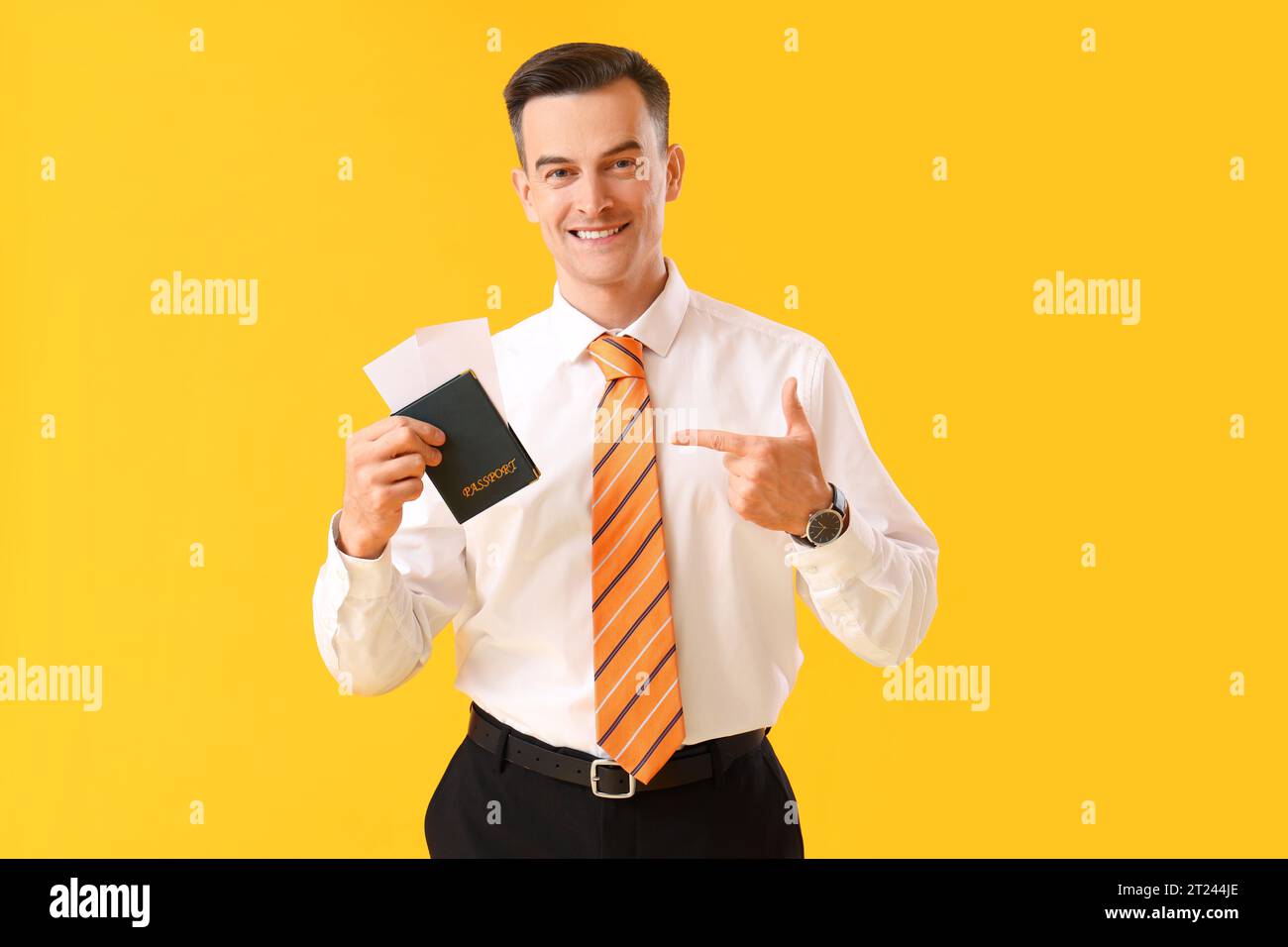Handsome steward pointing at passport on yellow background Stock Photo ...
