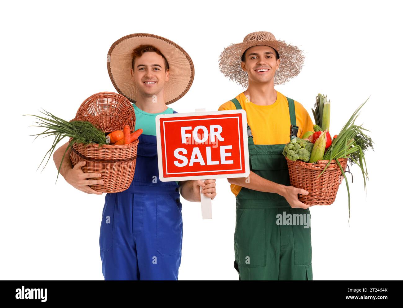 Male farmers with baskets of vegetables and FOR SALE sign on white ...