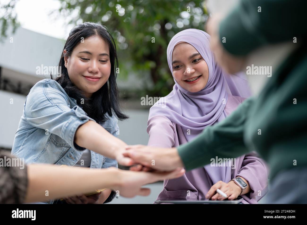 A group of cheerful, diverse Asian university students is putting their ...