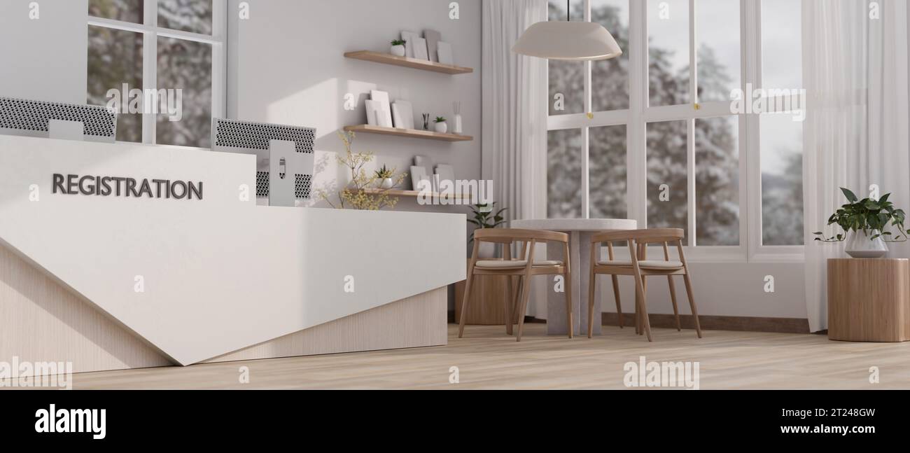 Interior design of a beautiful, minimalist reception area with a ...