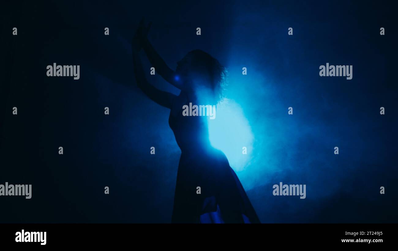 Silhouette performance dance woman mist spot light Stock Photo - Alamy