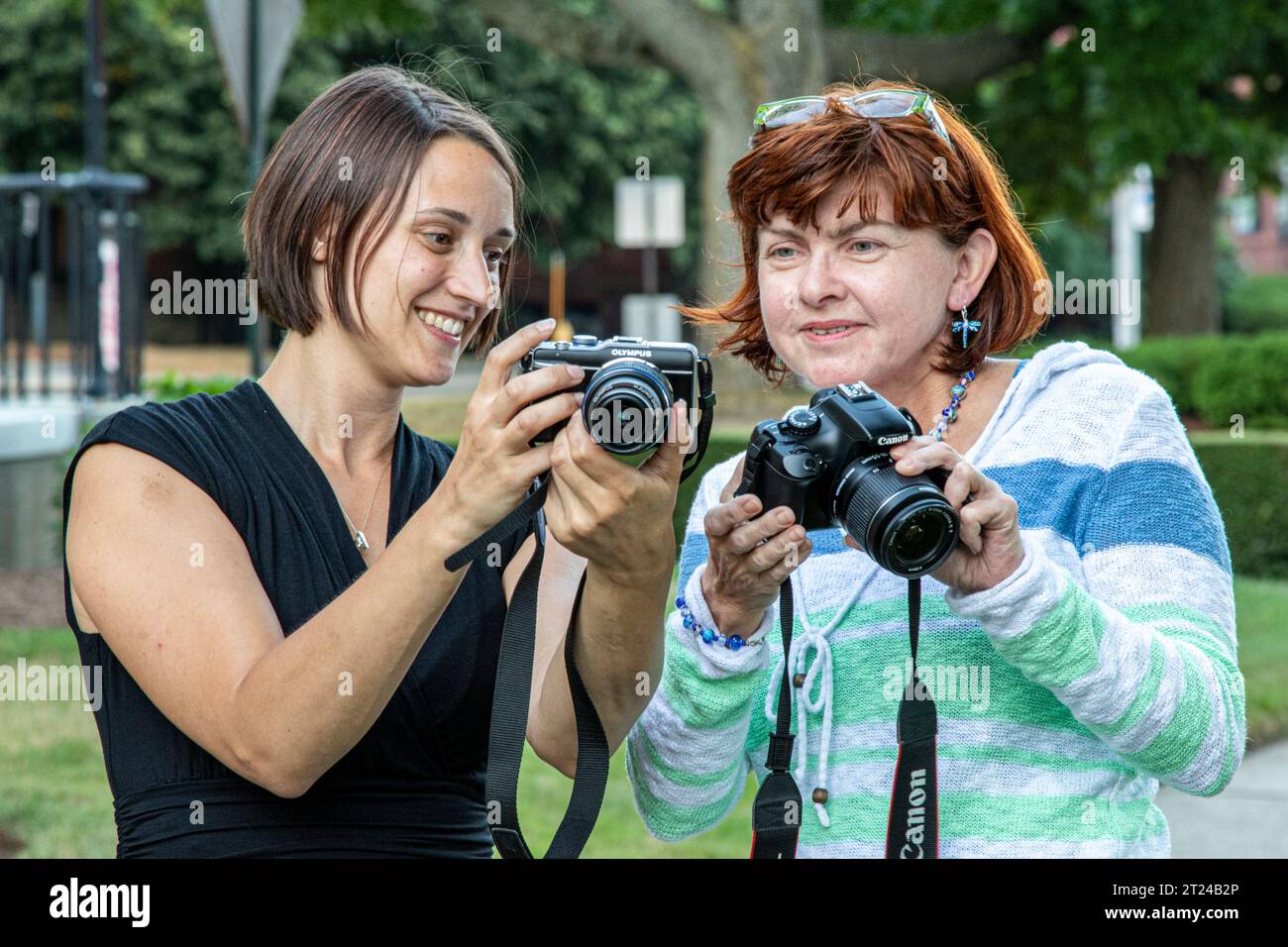 Two women photographers looking at each others photos on the camera's ...