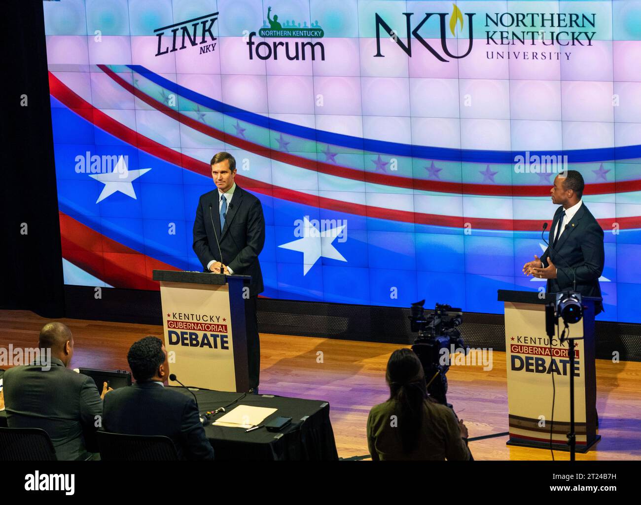 Democratic Gov. Andy Beshear and Republican Attorney General Daniel Cameron participate in a ...