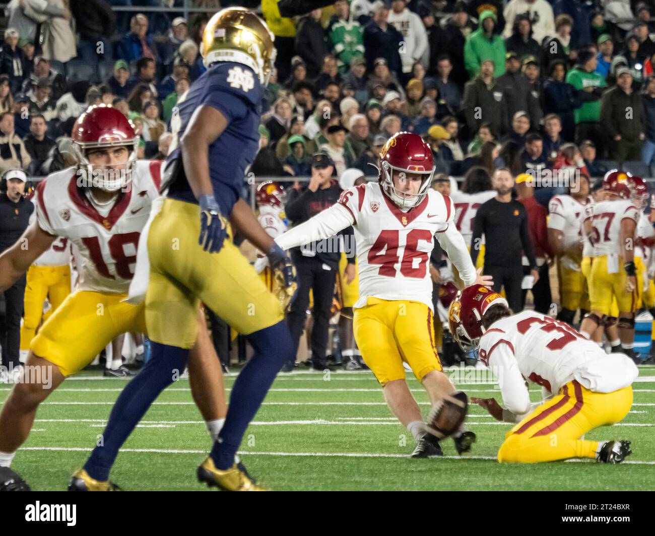 SOUTH BEND, IN - OCTOBER 14: USC Trojans place kicker Denis Lynch (46 ...