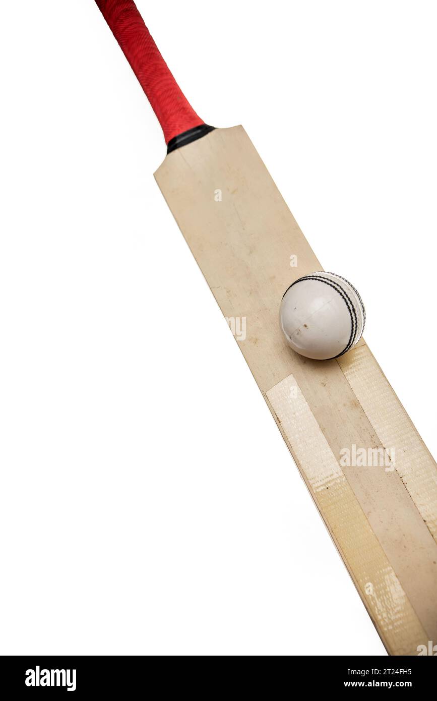 Cricket ball touch cricket bat adage isolated on white background Stock ...