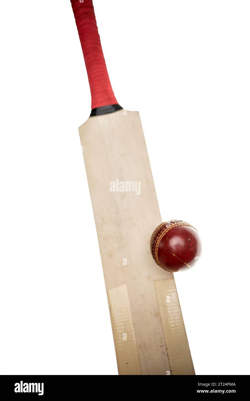 Cricket ball touch cricket bat adage isolated on white background Stock ...