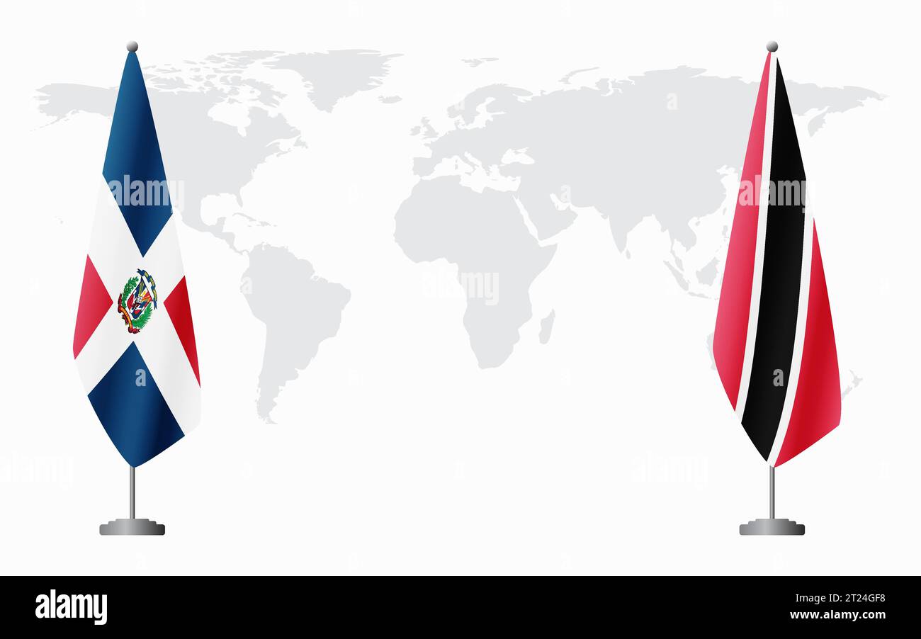 Dominican Republic and Trinidad and Tobago flags for official meeting against background of ...