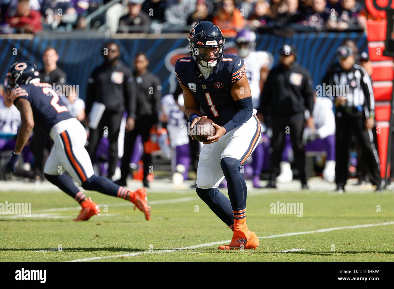 Chicago Bears quarterback Justin Fields (1) looks to pass the ball ...