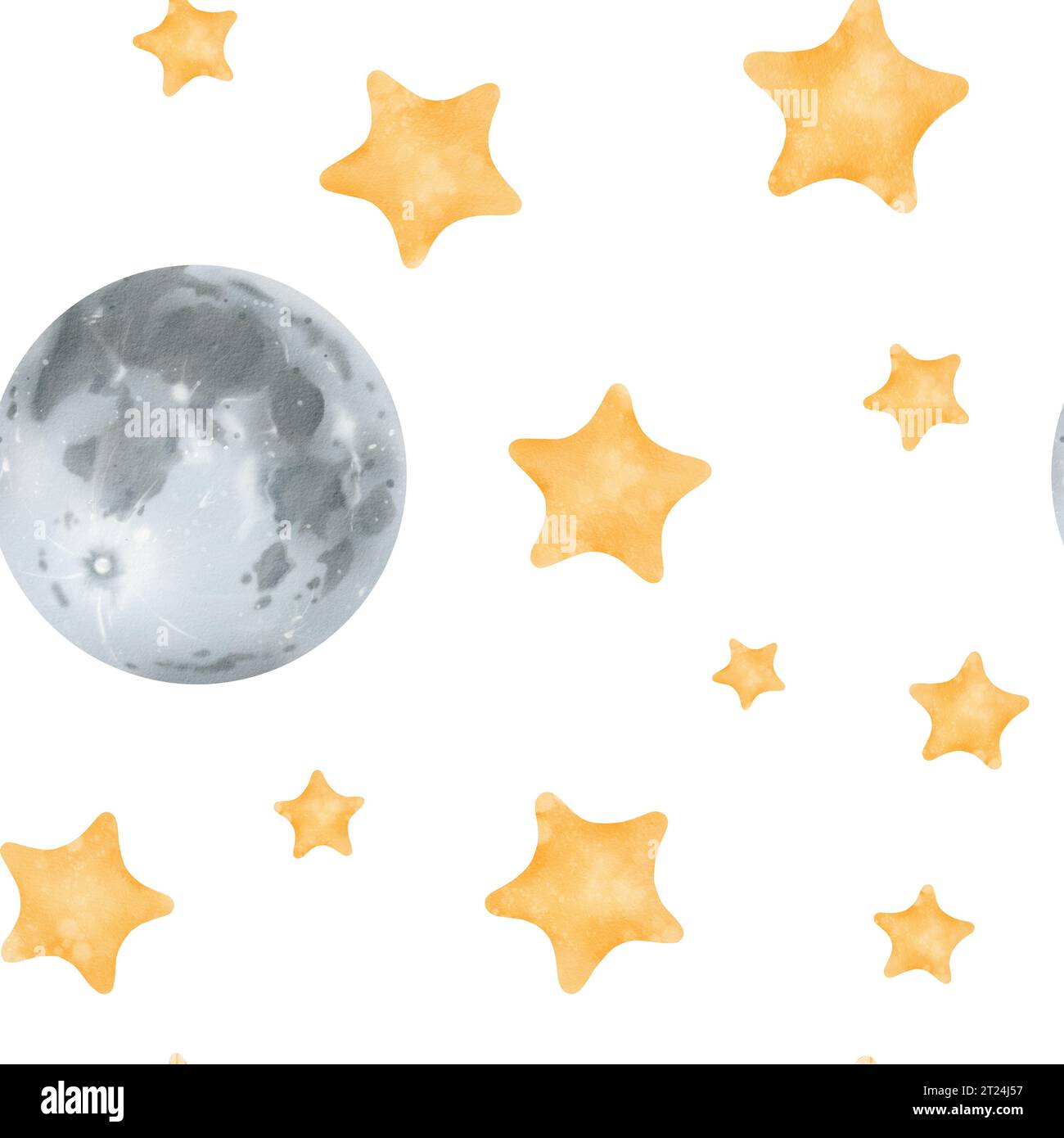 Watercolor seamless pattern of a starry night sky. Yellow stars and a ...