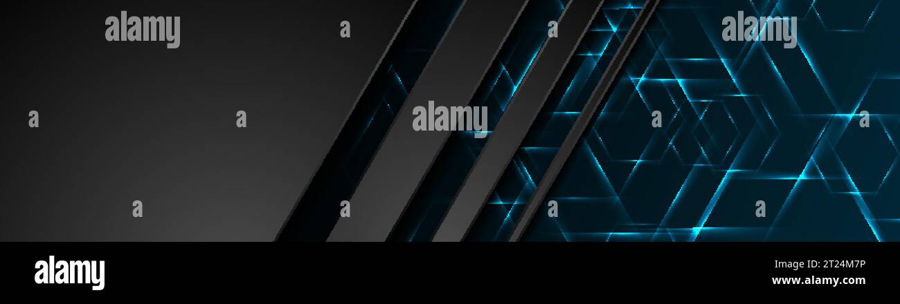 Black abstract hi-tech banner with blue neon glowing hexagons ...