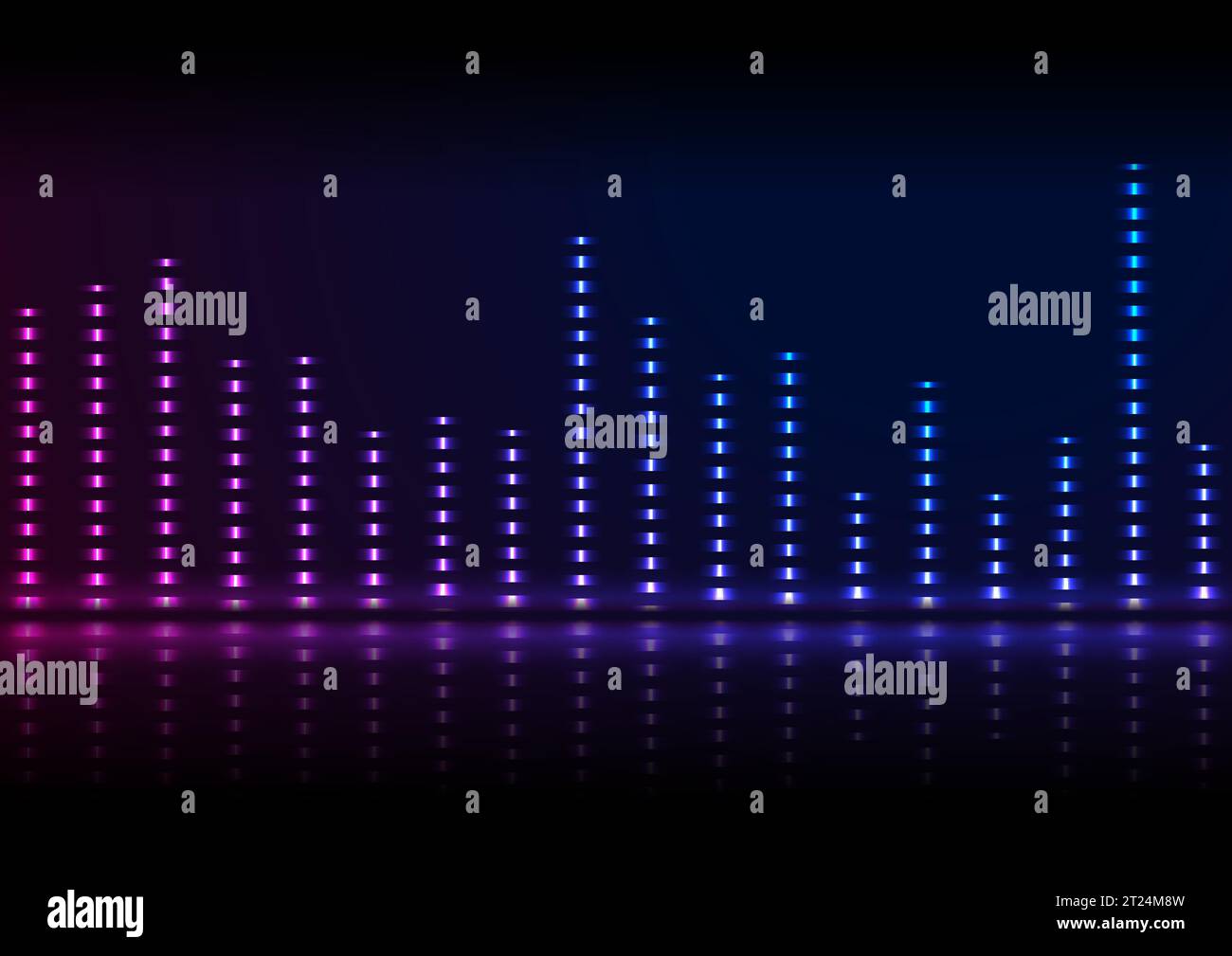 Neon sound wave equalizer abstract retro background with reflection. Futuristic vector design ...