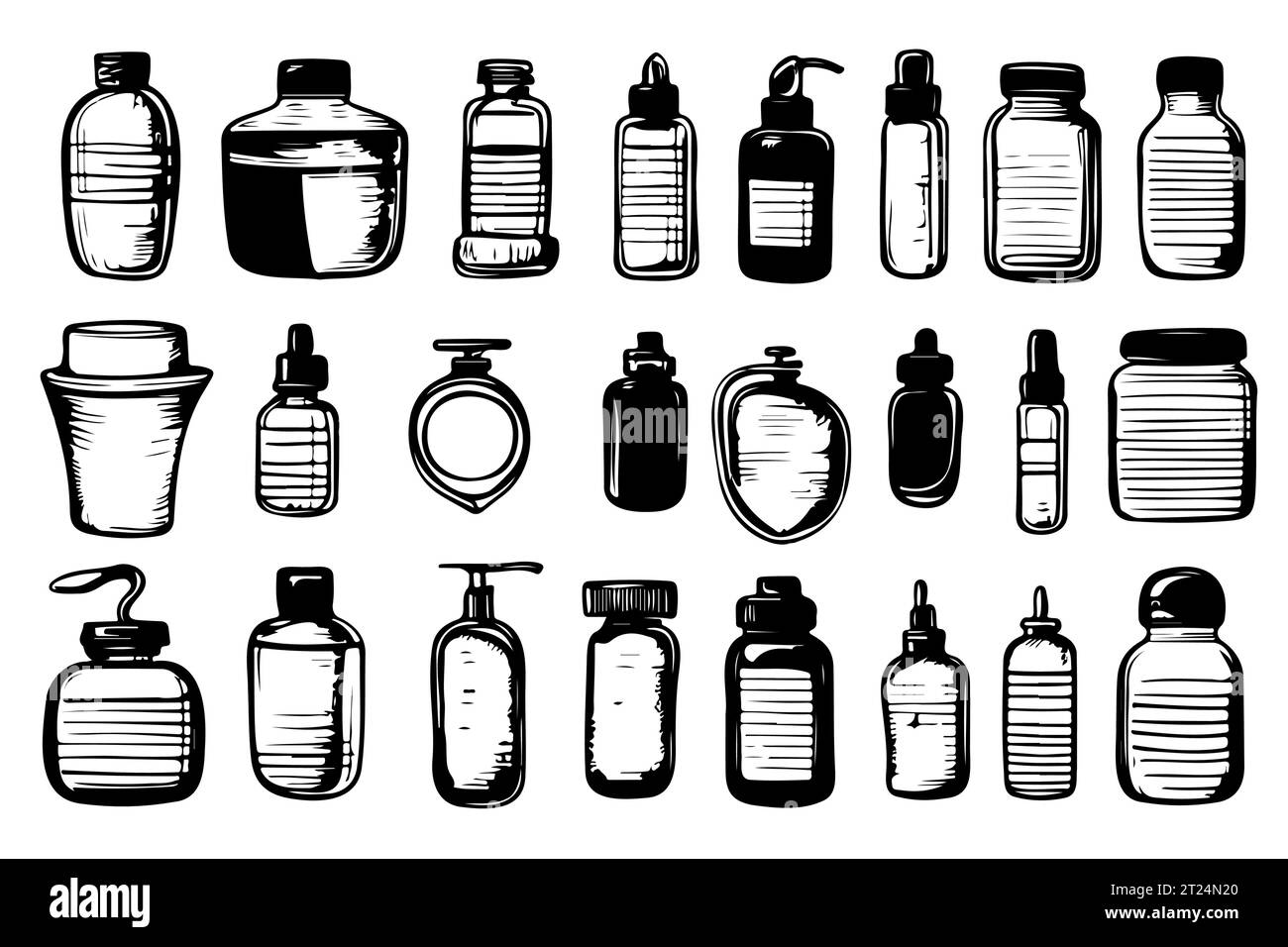 Hand drawn jars collection, pharmacy bottles, oils, serums. Cosmetics ...