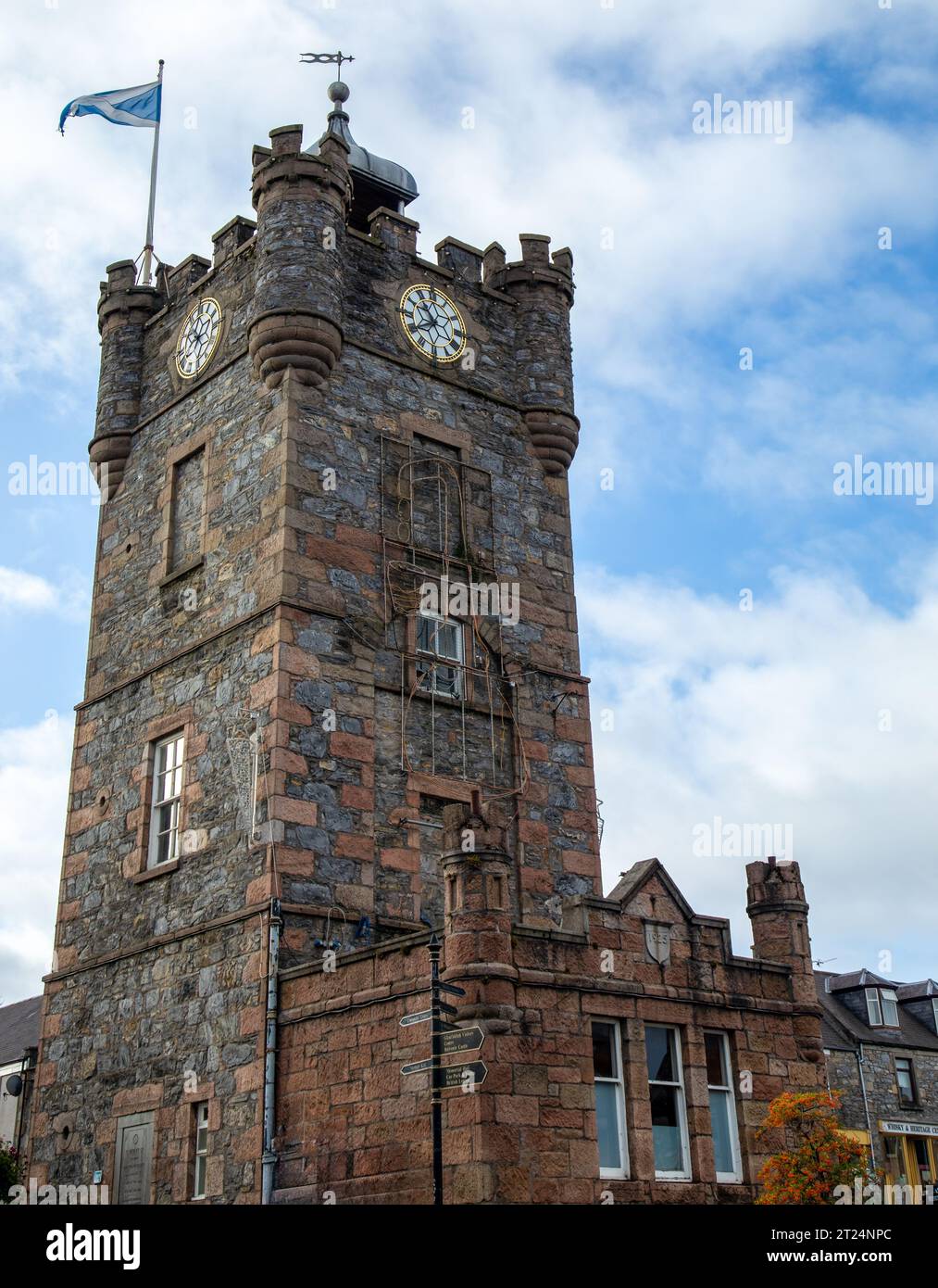 Clock tower in town centre of Dufftown with saltire flag Stock Photo ...