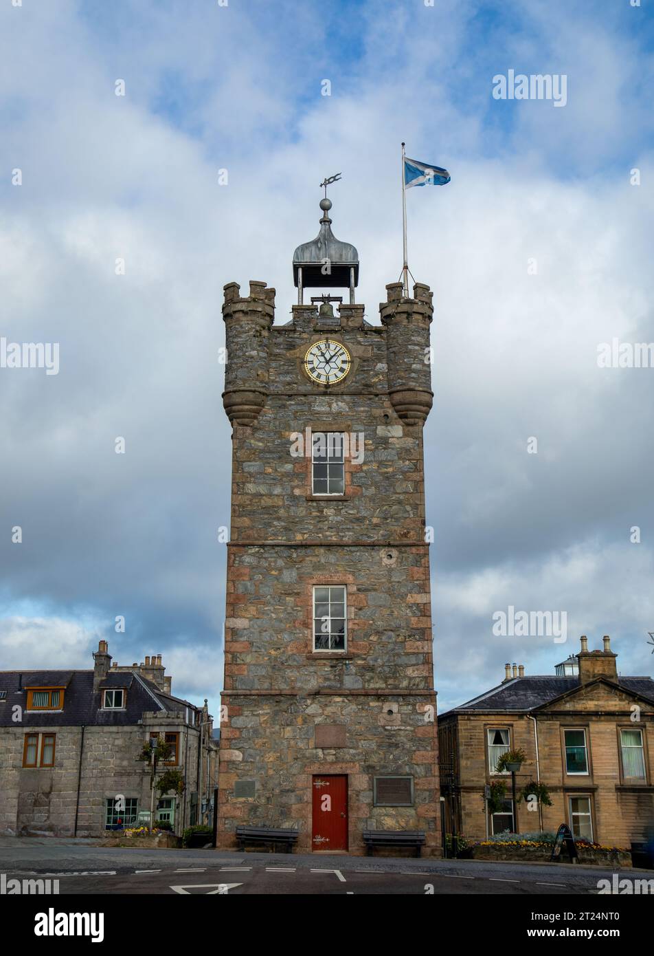 Clock tower in town centre of Dufftown with saltire flag Stock Photo ...
