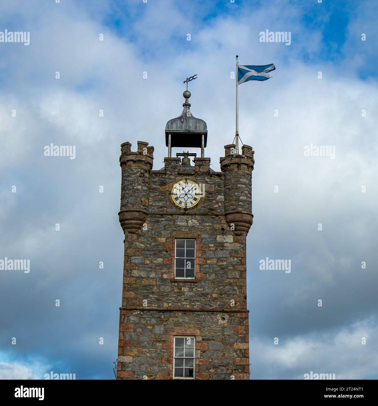 Clock tower in town centre of Dufftown with saltire flag Stock Photo ...