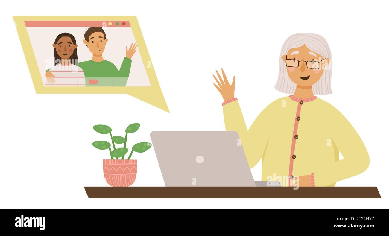 A cute grandmother communicates via video chat with her grandson and ...