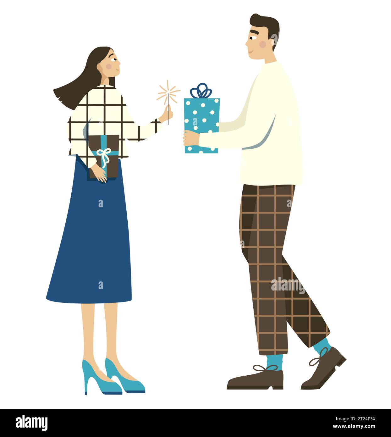 A boy and a girl exchange christmas gifts. Flat vector illustration in ...