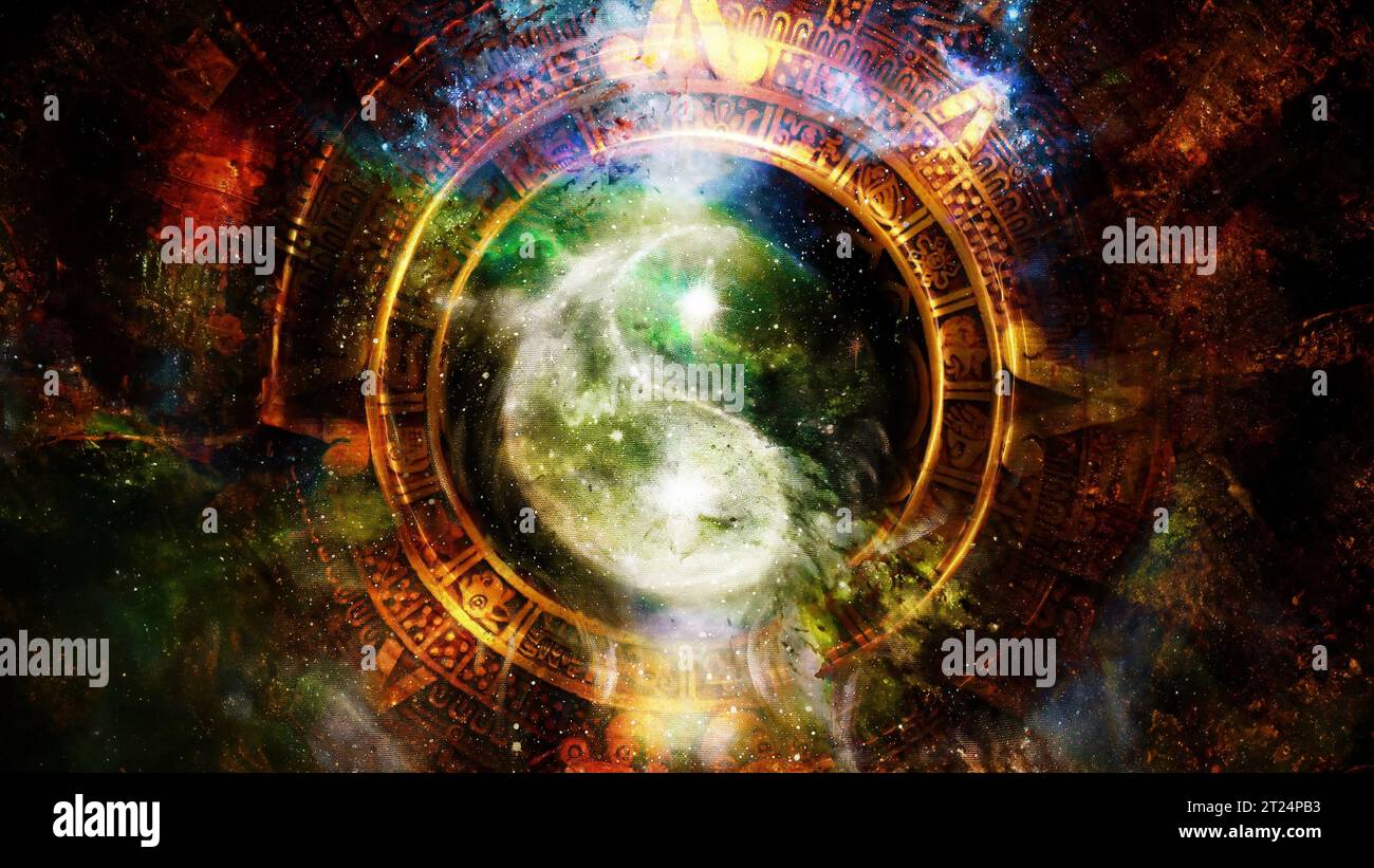 Yin Yang Symbol in maya calendar. Cosmic space background Stock Photo ...
