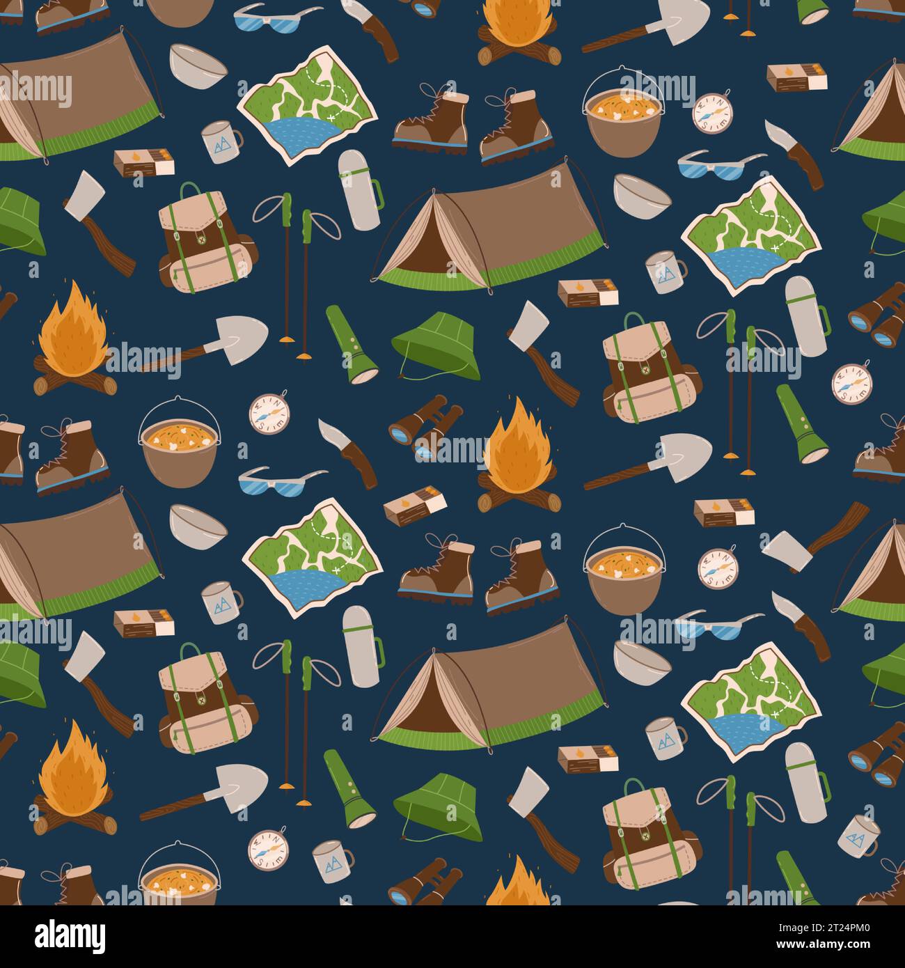 Hand drawn outdoors seamless pattern. Picnic, travel and camping theme ...