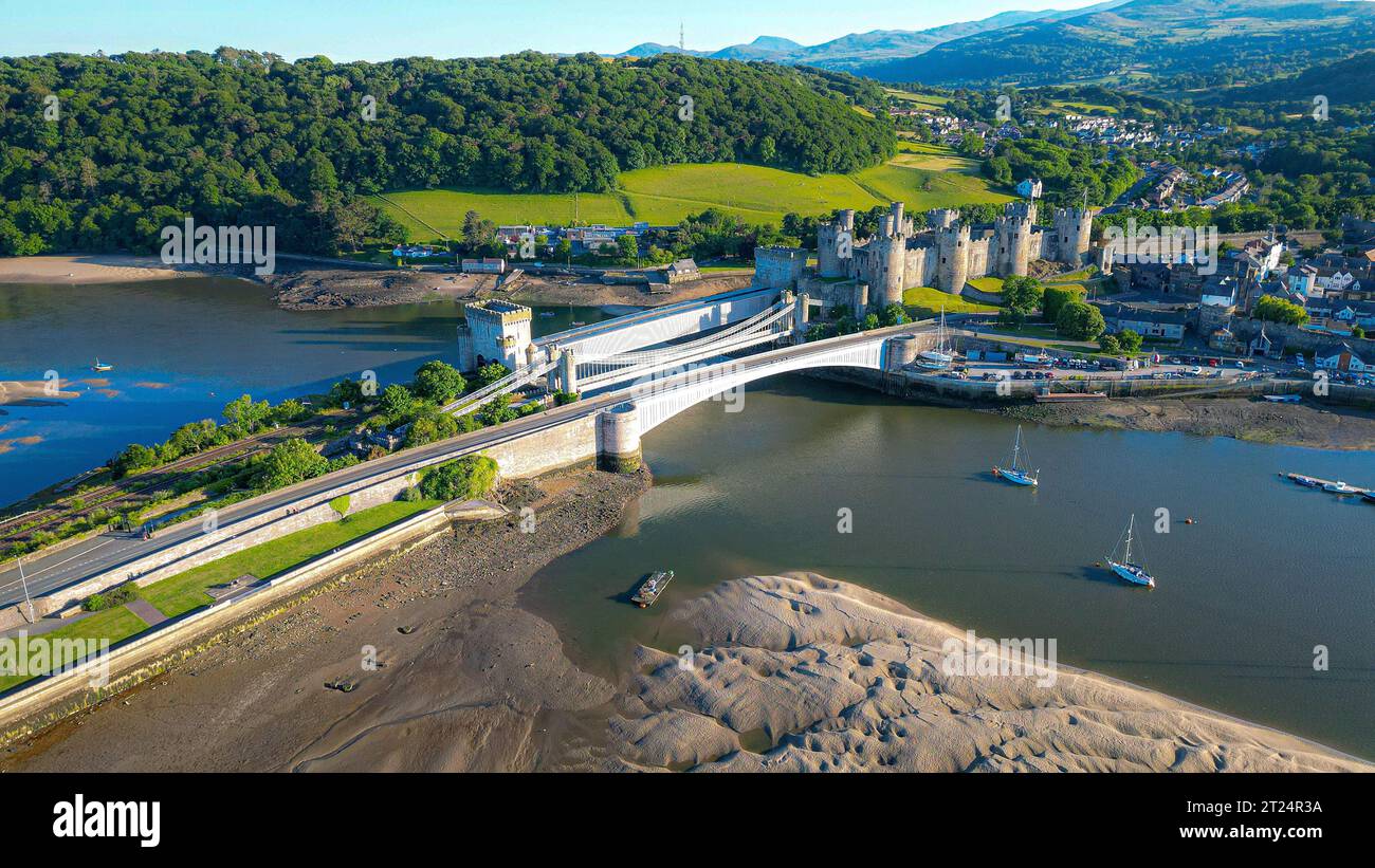 An aerial view of Conwy Castle and the historic town of Conwy in North ...
