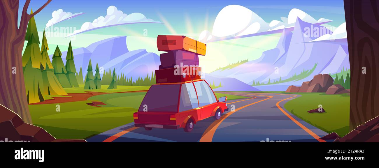 Car with baggage driving towards mountains. Vector cartoon illustration ...