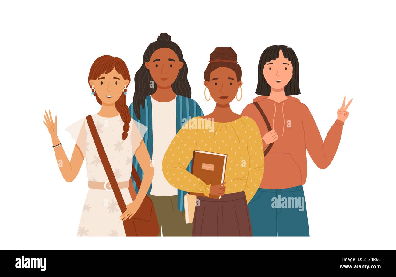 Group of multicultural female students flat vector illustration. Young ...