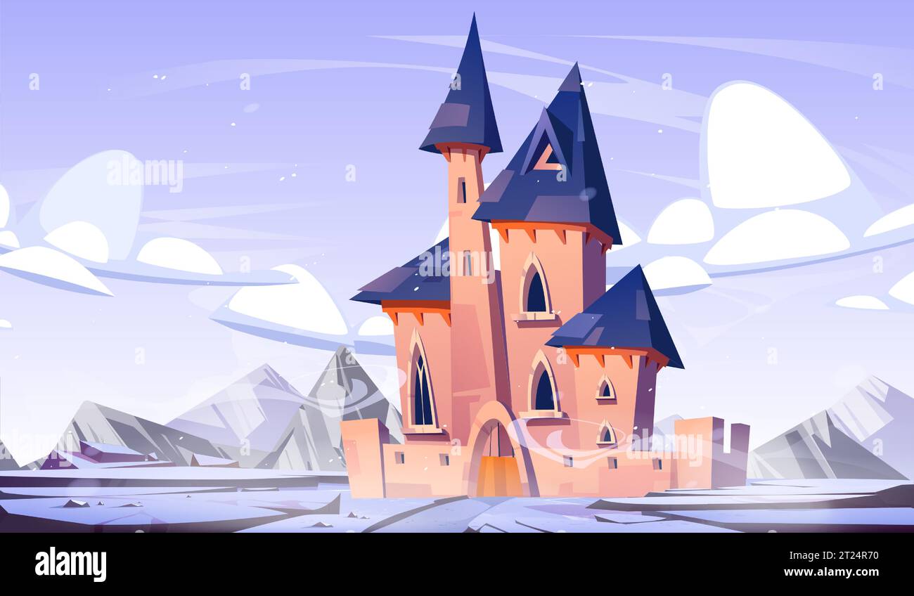 Winter fantasy castle in kingdom with snow cartoon background. Frozen ...