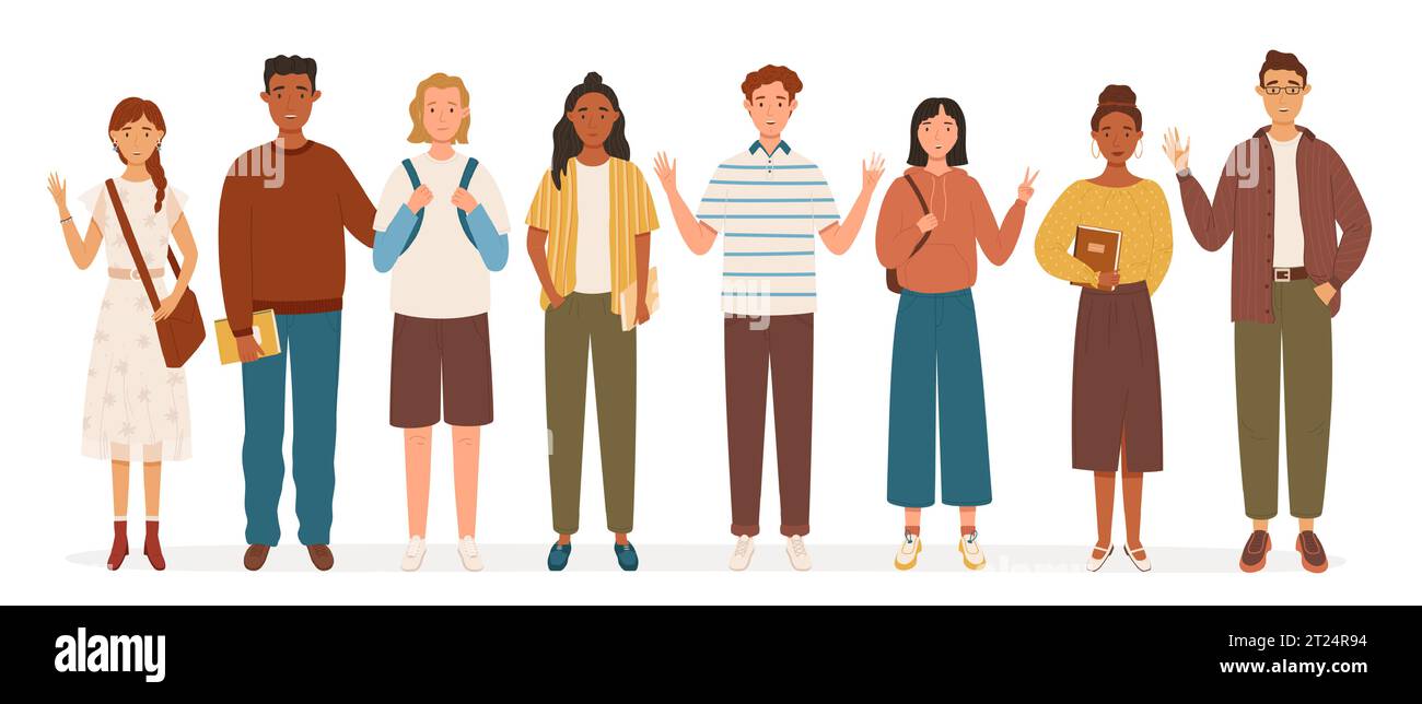 Group of multicultural students in full growth flat vector illustration ...