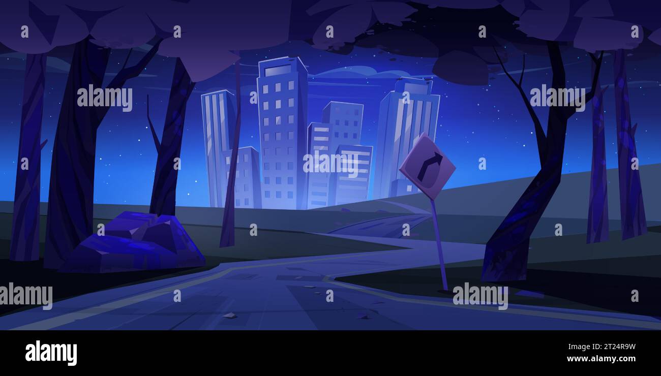 Winding road to city in night. Cartoon vector twilight landscape of ...