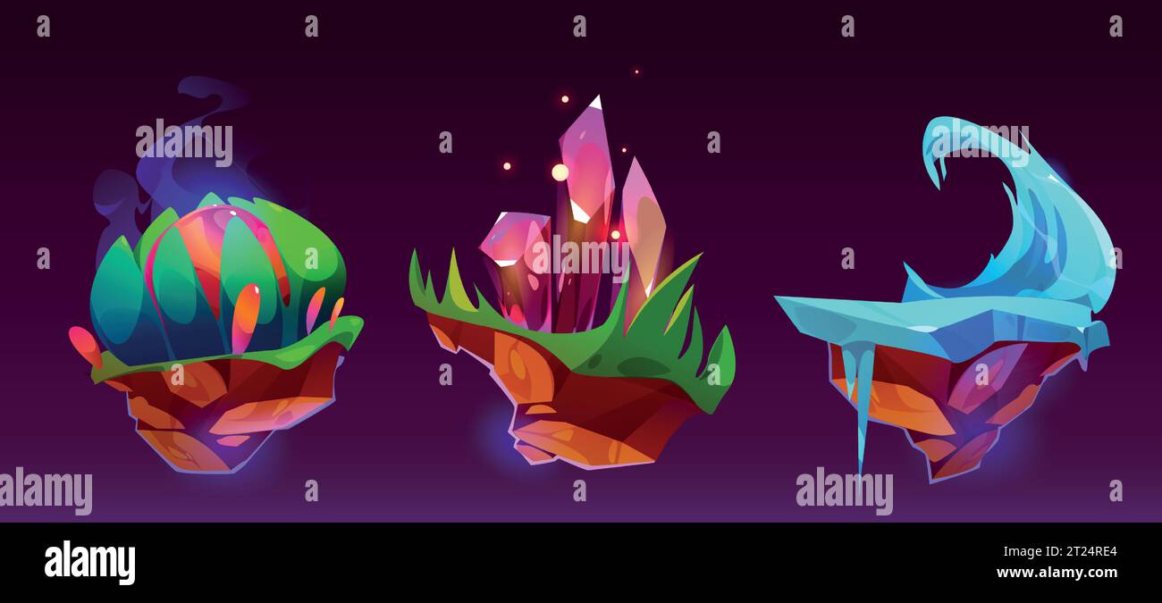 Fantasy floating island game cartoon ui vector. Ice scene isolated ...