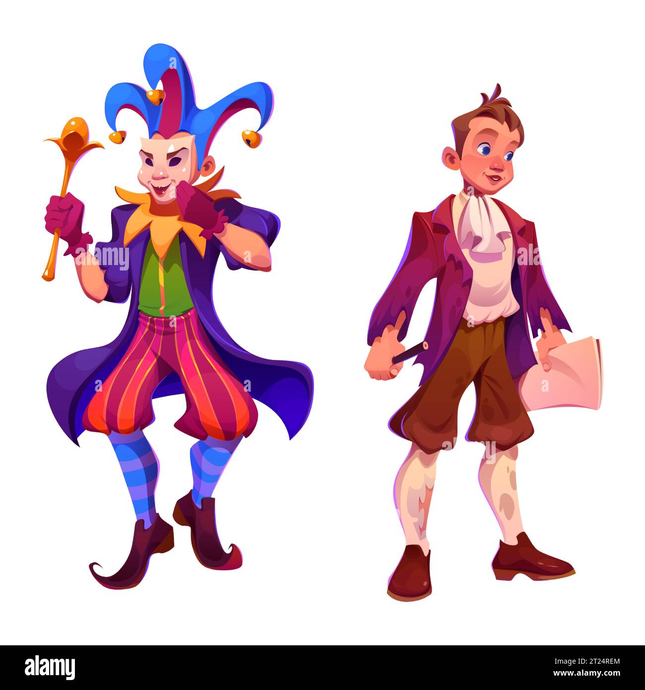 Carnival character clown and writer isolated vector. People in costume ...