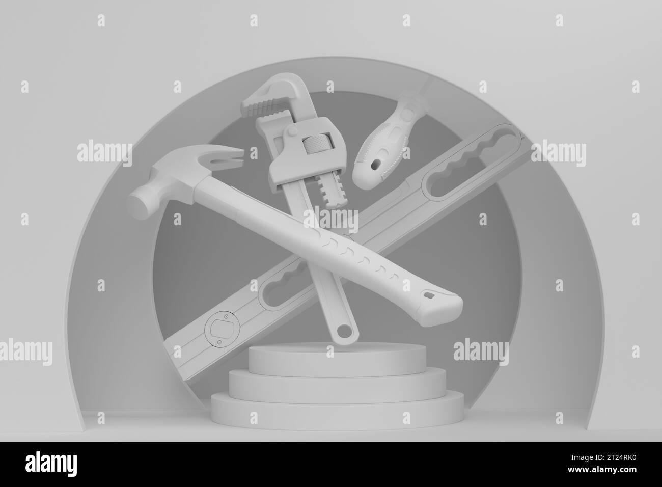 Abstract scene or podium with carpenters tools on monochrome background ...