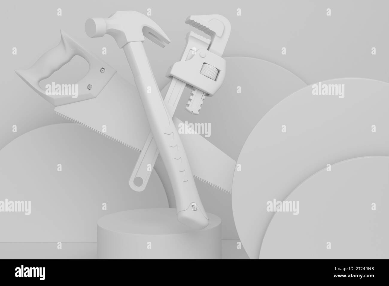 Abstract scene or podium with carpenters tools on monochrome background ...