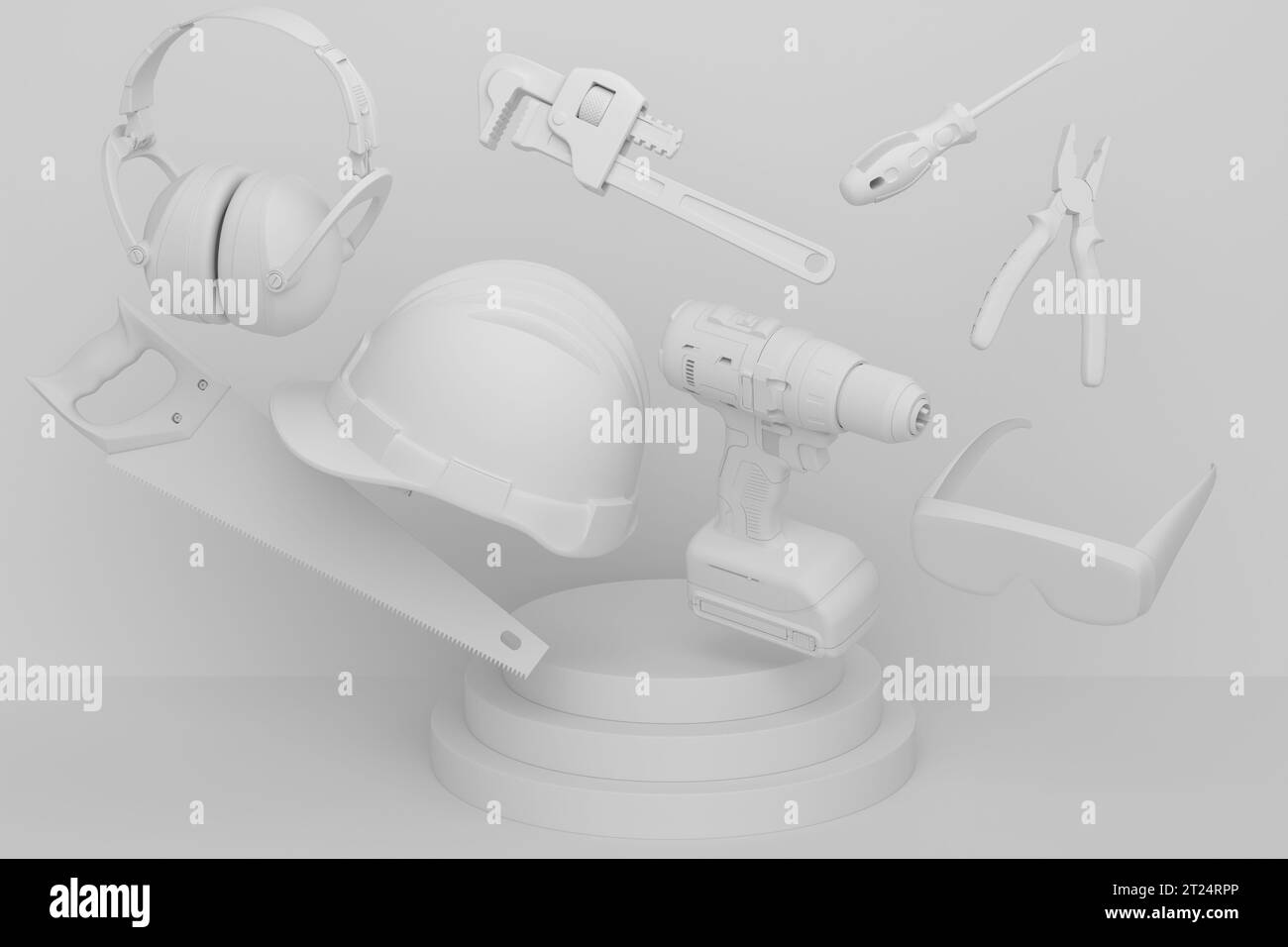 Abstract scene or podium with carpenters tools on monochrome background ...