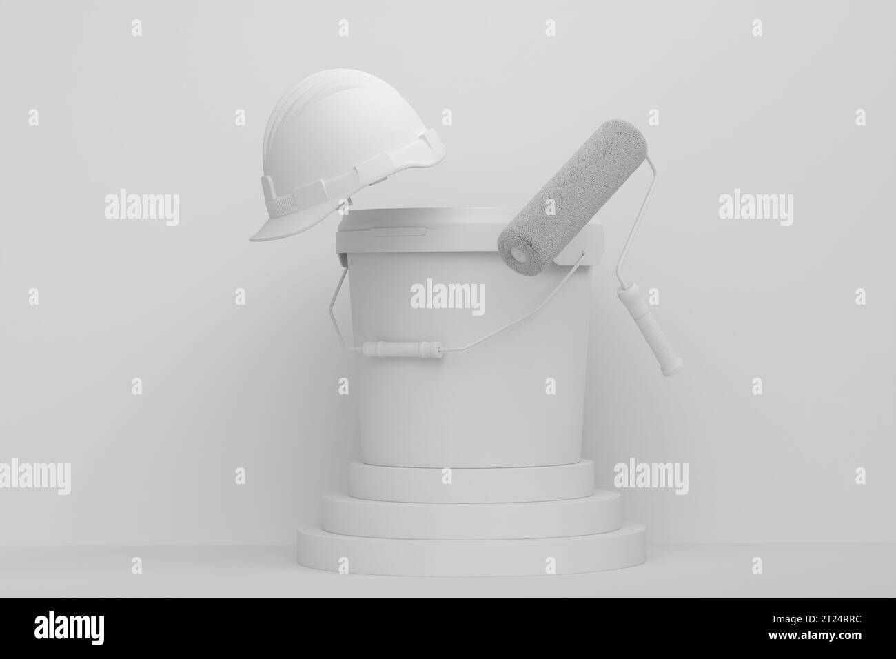 Abstract scene or podium with safety helmet, bucket with paint rollers ...