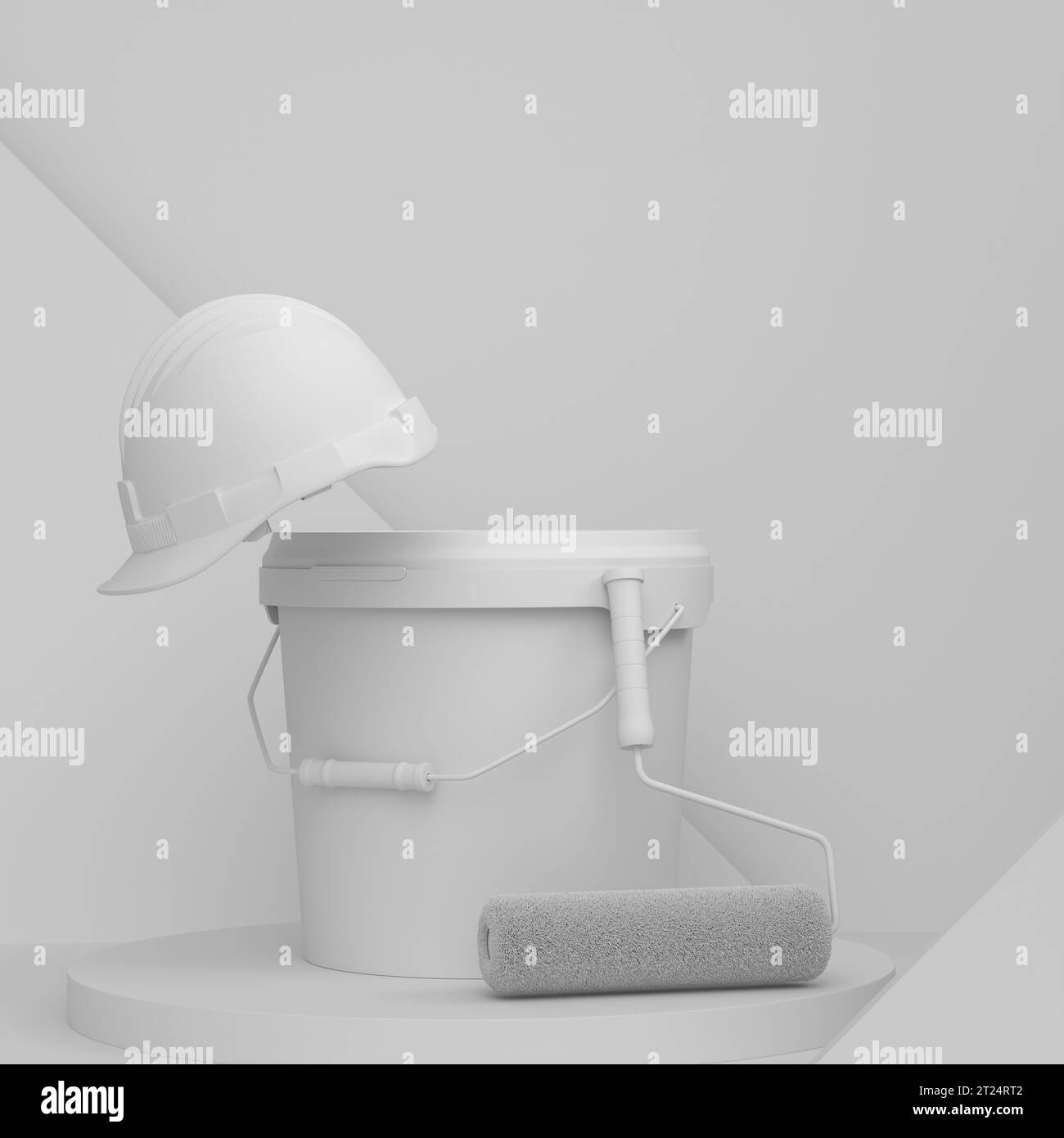 Abstract scene or podium with safety helmet, bucket with paint rollers ...
