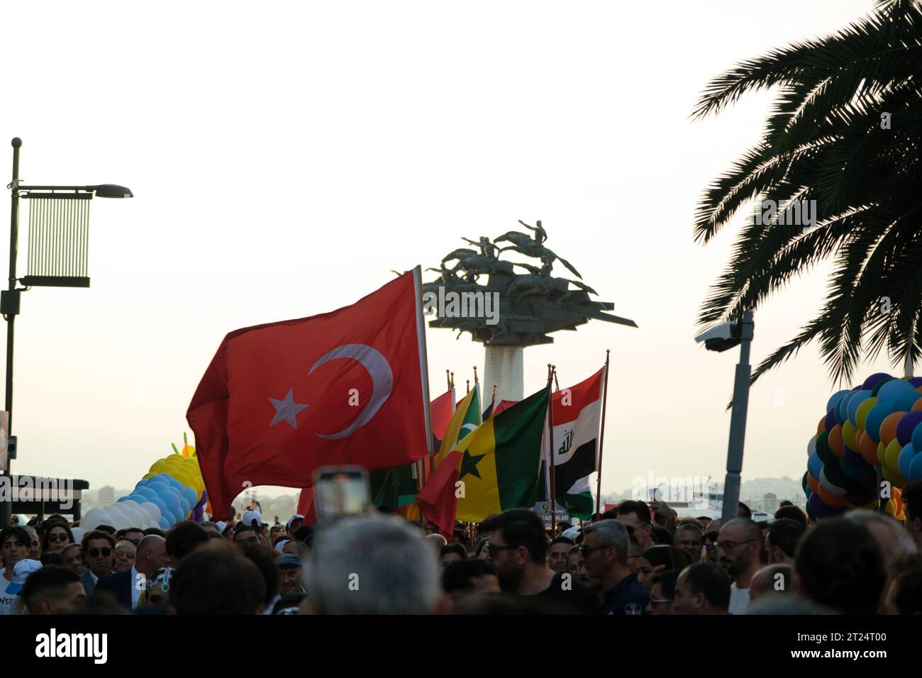 Izmir, Turkey - September 1, 2023: Crowds wave flags of various ...