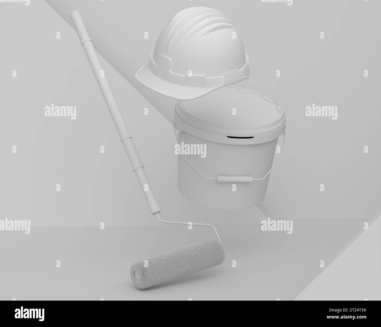Abstract scene or podium with safety helmet, bucket with paint rollers ...