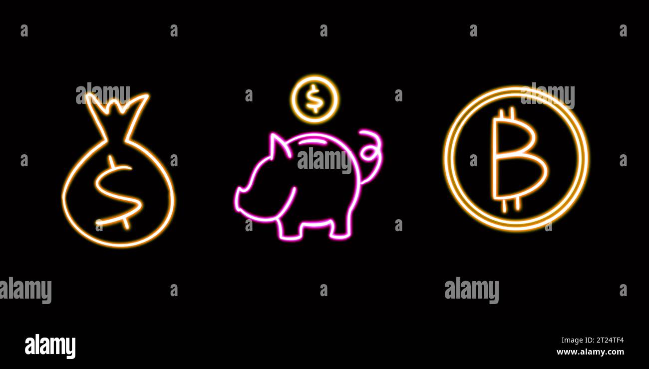 Neon Finance Set, Piggy Bank, Coin, Money Bag. glowing desktop icon ...