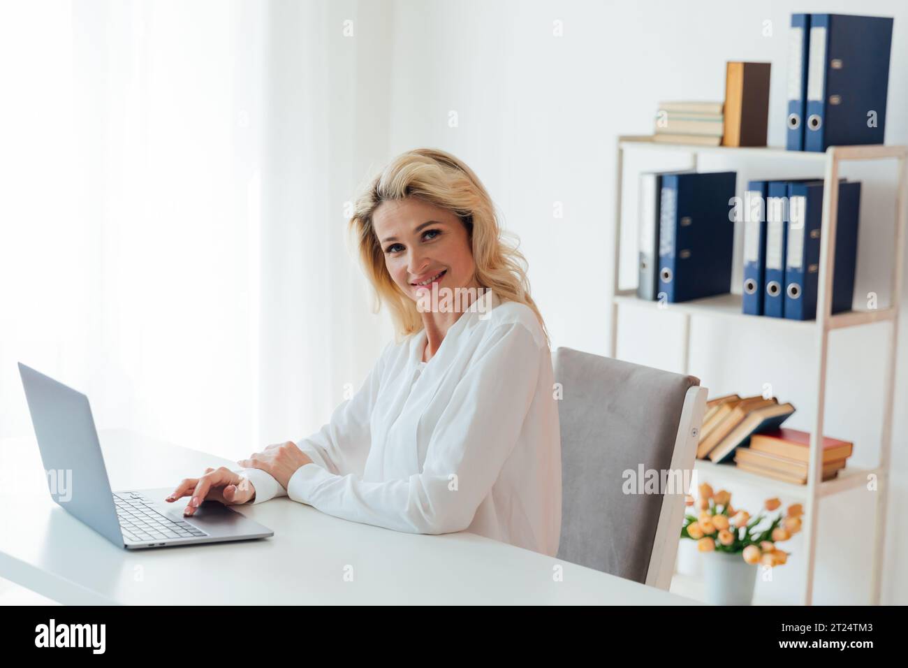 remote work woman with laptop computer internet conversation online ...