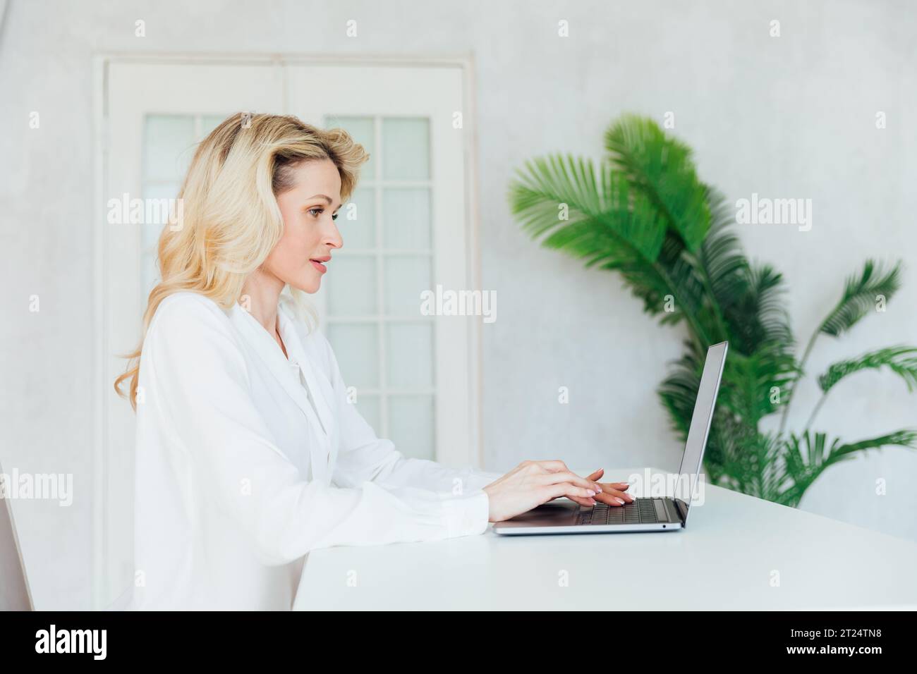 remote work woman with laptop computer internet conversation online ...