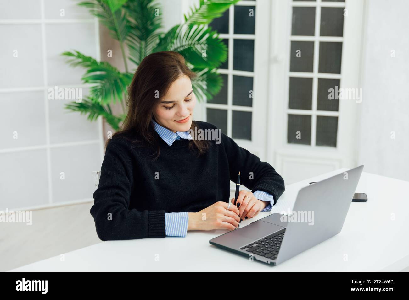 remote work woman with laptop via internet conversation online Stock ...