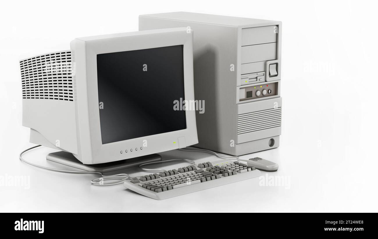 Generic vintage 90's style computer isolated on white background. 3D ...