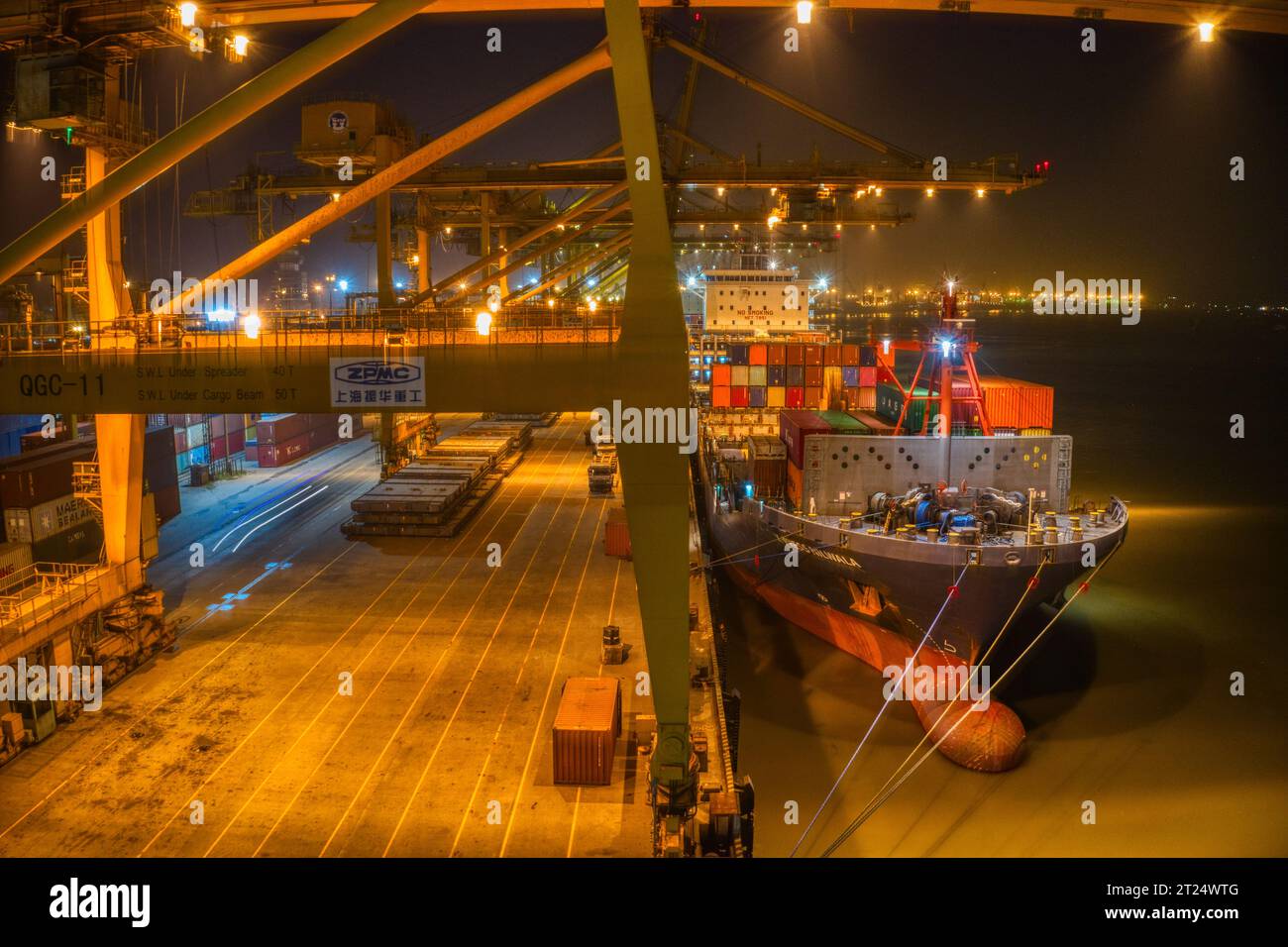 Night view of Chittagong Port. It is the main seaport of Bangladesh ...