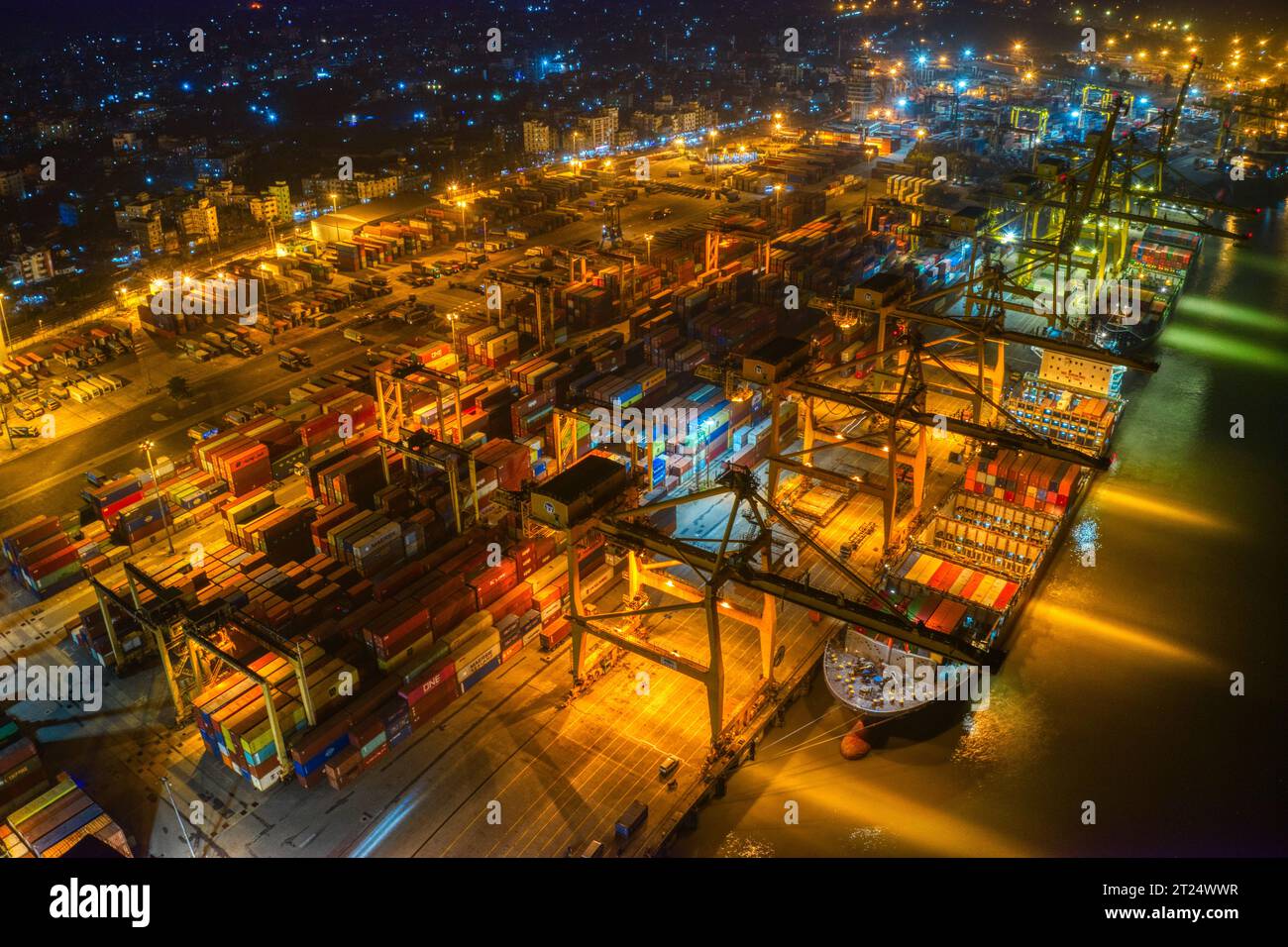 Night view of Chittagong Port. It is the main seaport of Bangladesh ...