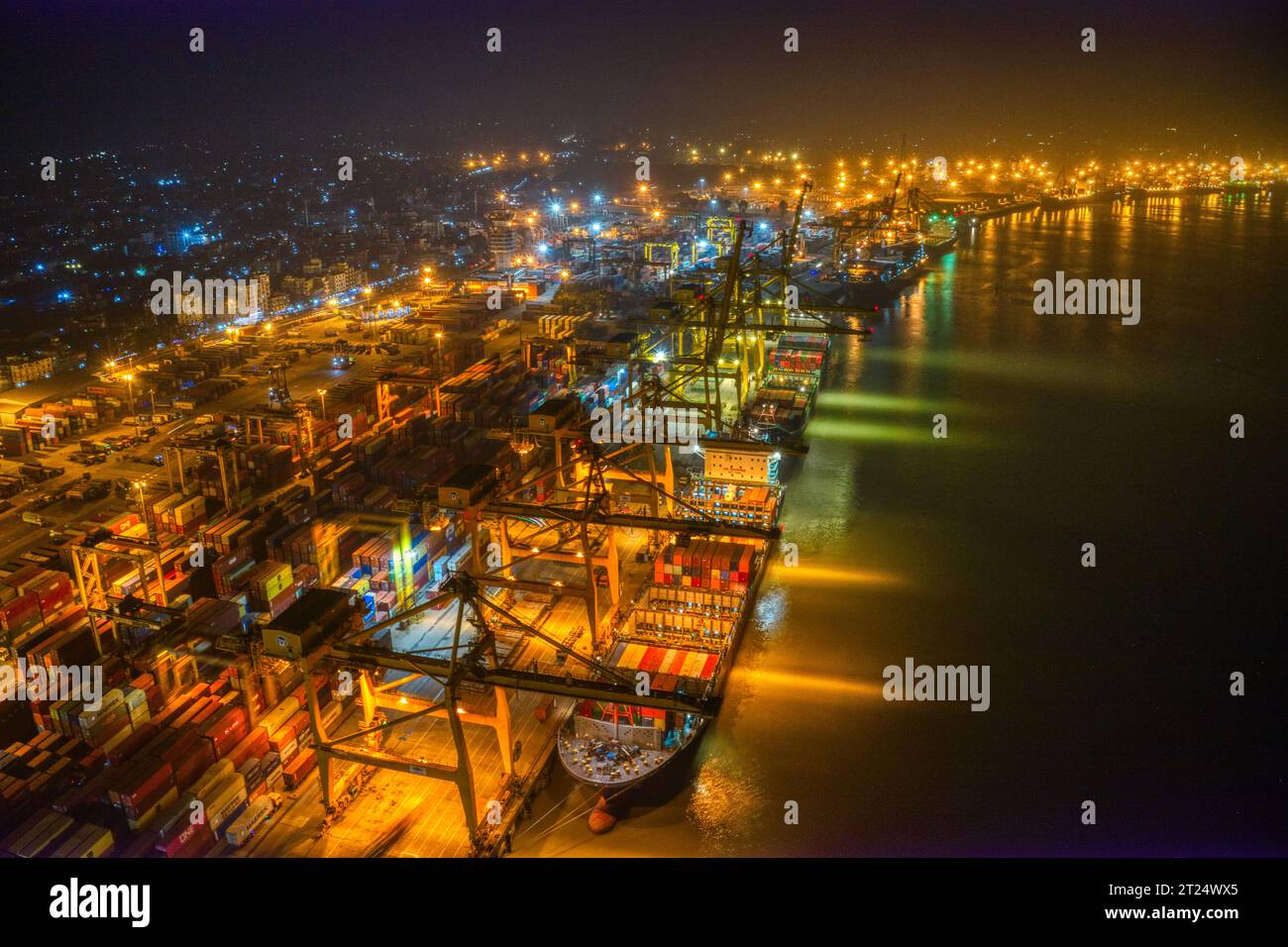 Night view of Chittagong Port. It is the main seaport of Bangladesh ...
