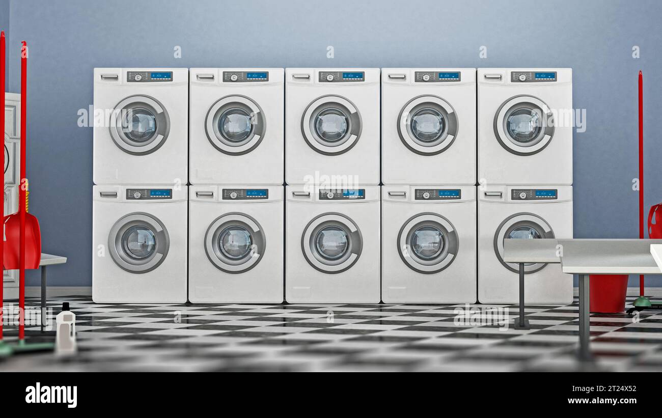 Laundry room with a large of washing machines and tumble dryers. 3D ...