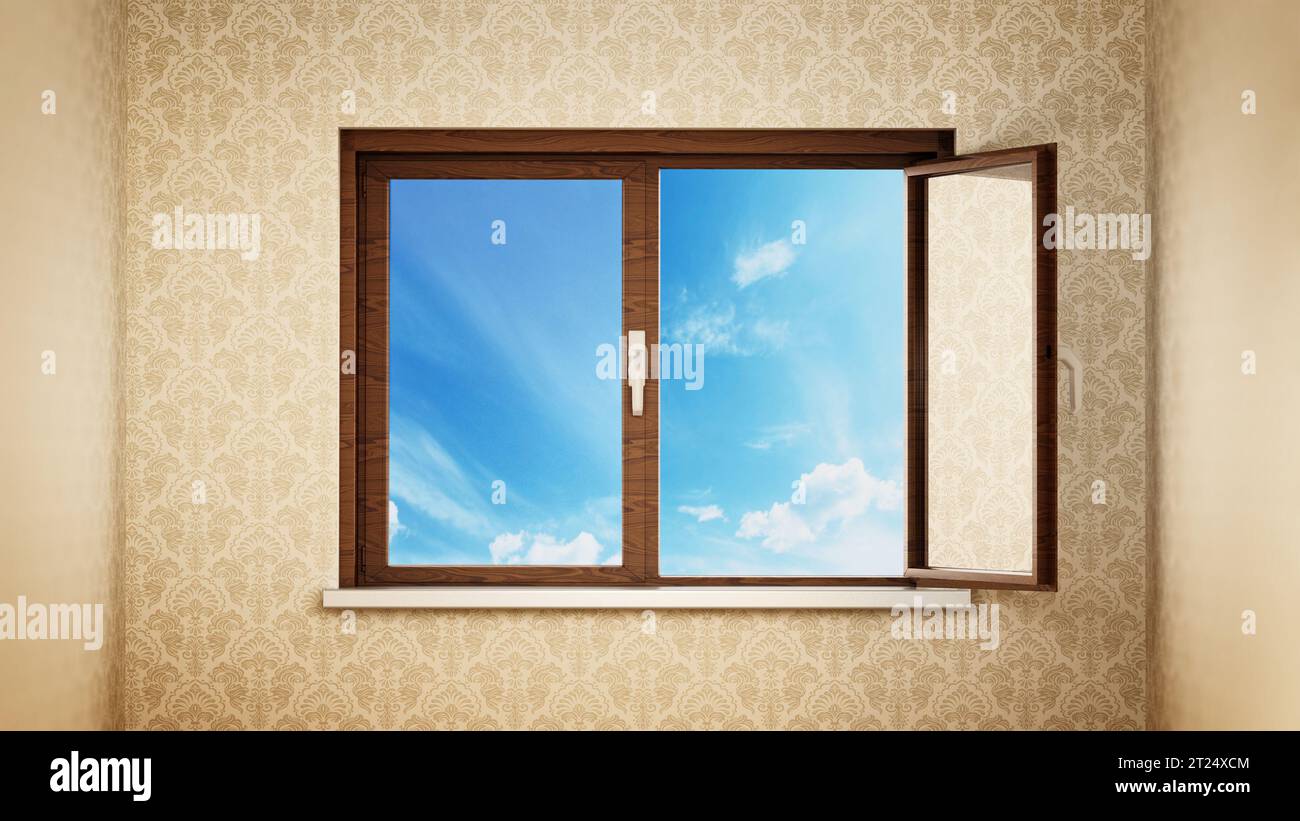 Half open windows inside an empty room opening to blue sky. 3D ...